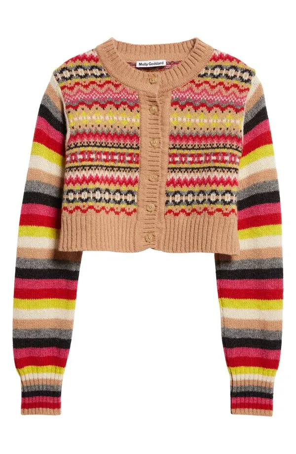 Molly Goddard Tay Fair Isle Stripe Crop Lambswool Cardigan In